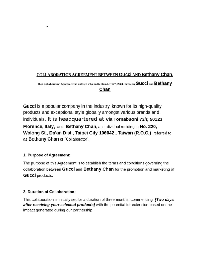 COLLABORATION AGREEMENT BETWEEN Gucci AND Bethany Chan | PDF | Business