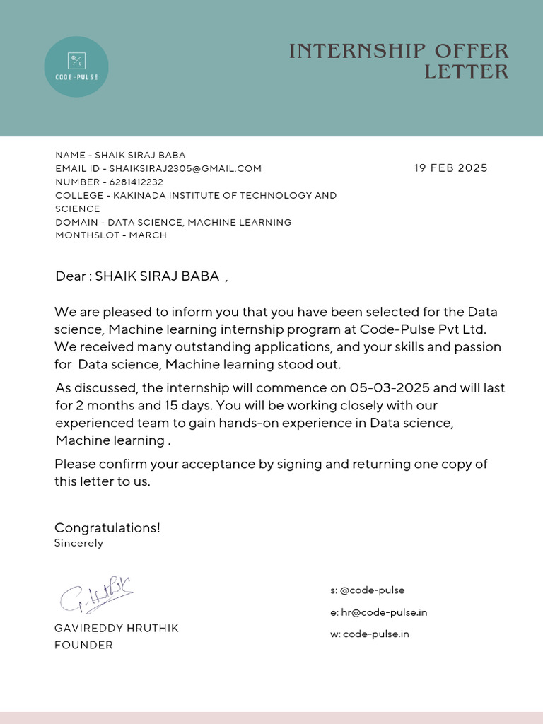 Offer Letter Shaik Siraj Baba | PDF