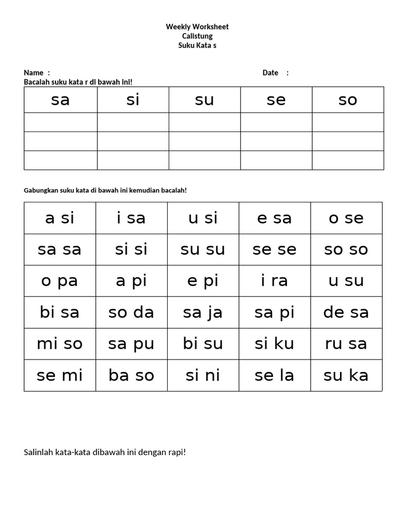Sa Si Su Se So: Weekly Worksheet Calistung Suku Kata S | PDF