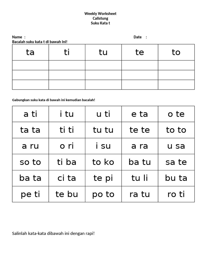 Ta Ti Tu Te To: Weekly Worksheet Calistung Suku Kata T | PDF