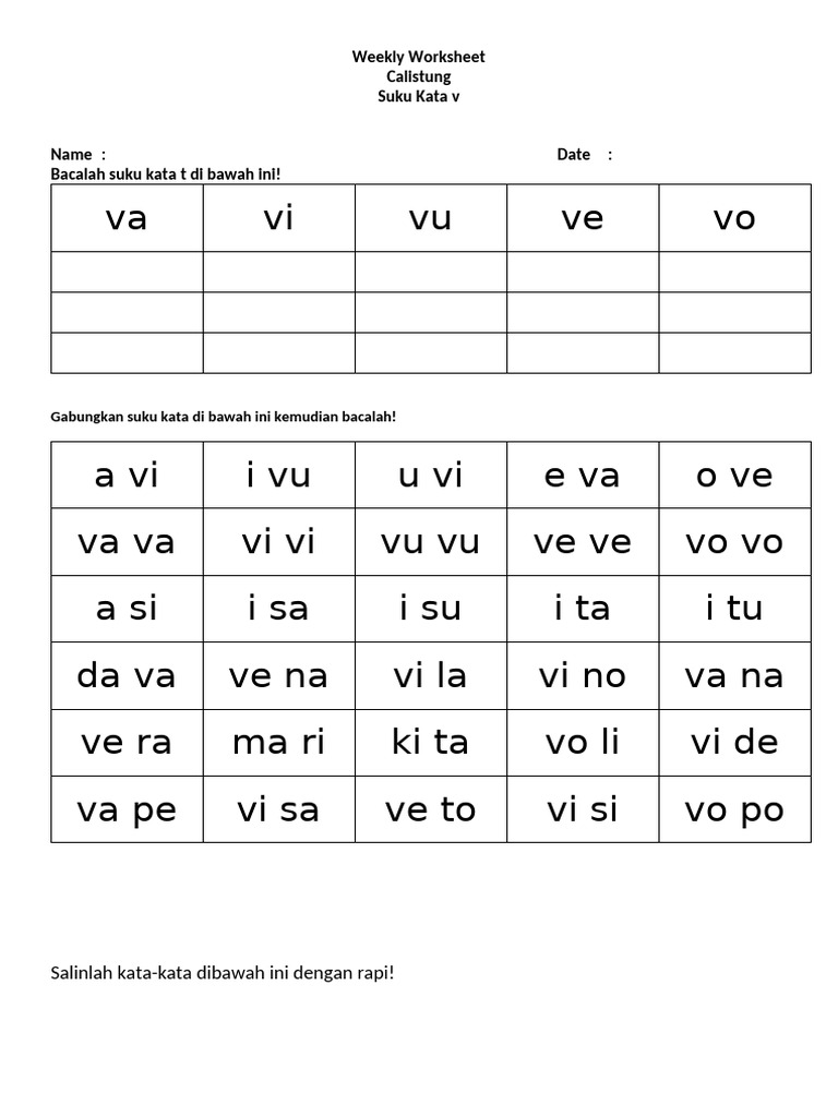 Va VI Vu Ve Vo: Weekly Worksheet Calistung Suku Kata V | PDF