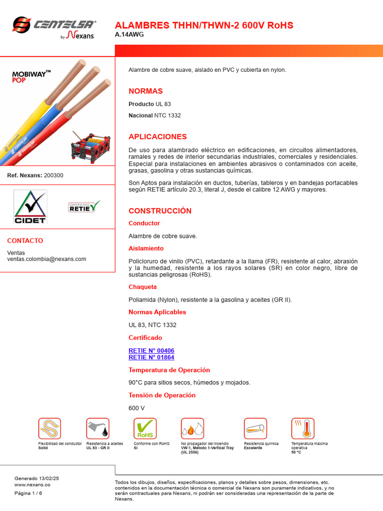 ALAMBRES THHN-THWN 2 600V RoHS | PDF | Aislador (Electricidad) | Cobre