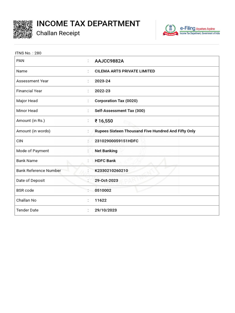 HDFC Tax Payment Receipt - BSR 0510002 | PDF | Taxes | Taxation