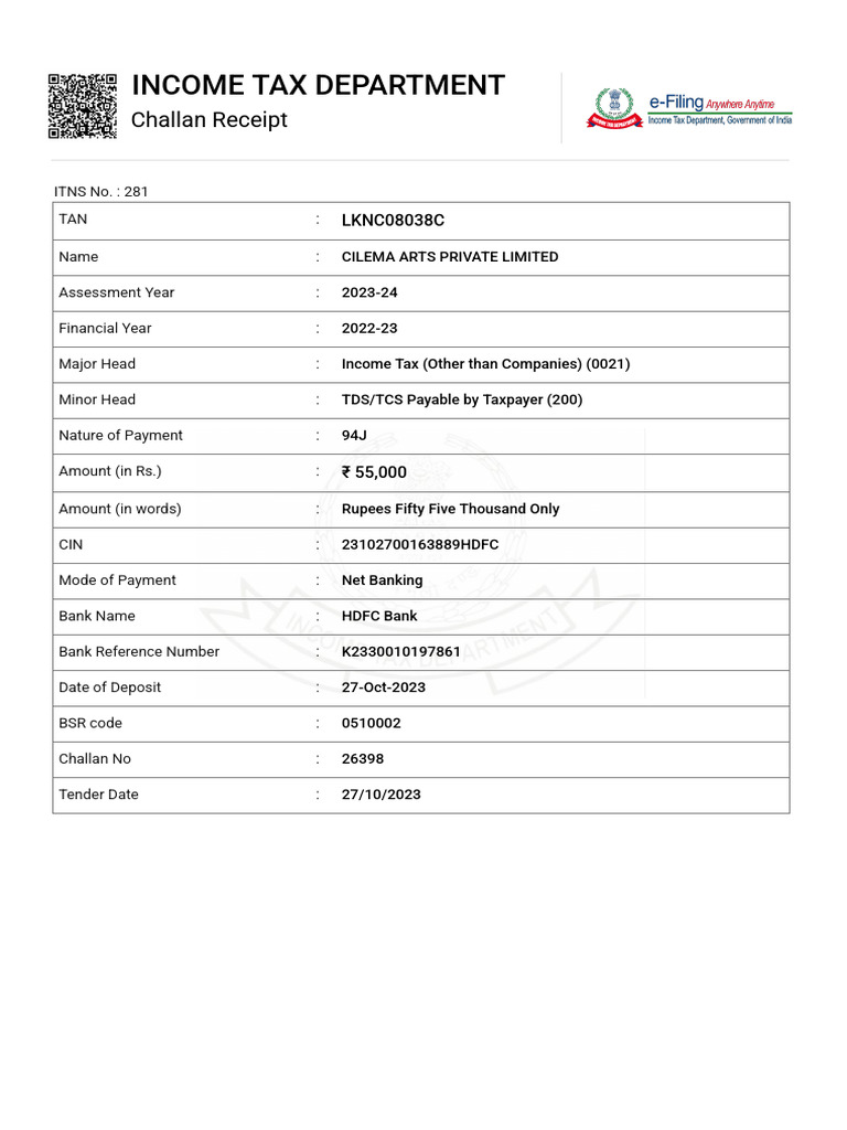 Income Tax Challan Receipt 2023-24 | PDF | Taxes | Taxation
