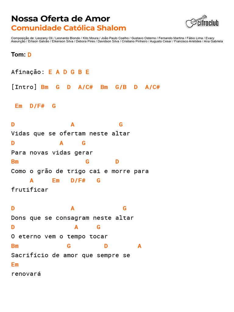 06 - Cifra Club - Comunidade Católica Shalom - Nossa Oferta de Amor | PDF