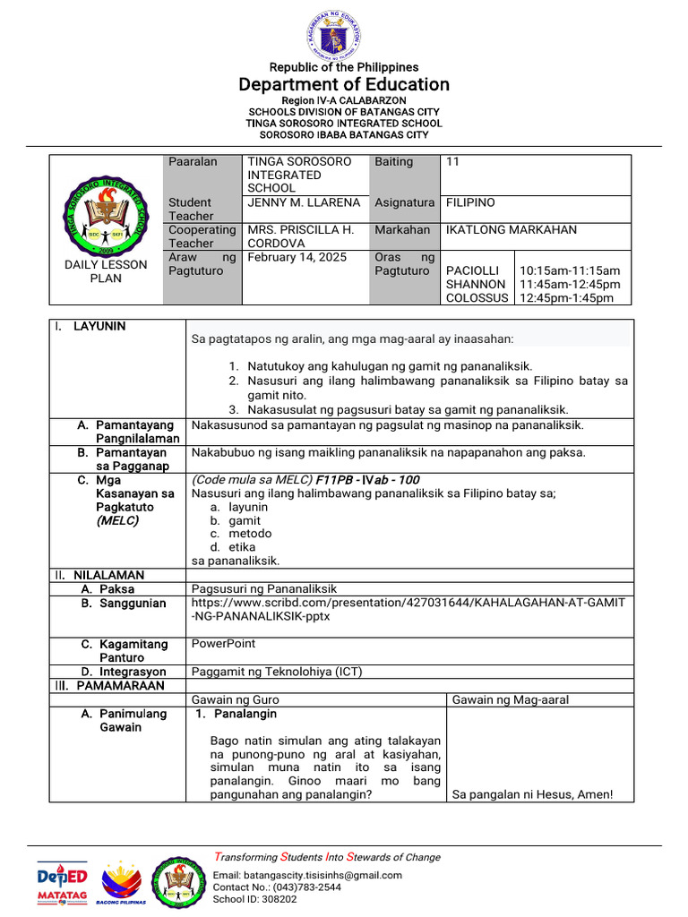 Department of Education: Sa Pagtatapos NG Aralin, Ang Mga Mag-Aaral Ay Inaasahan | PDF