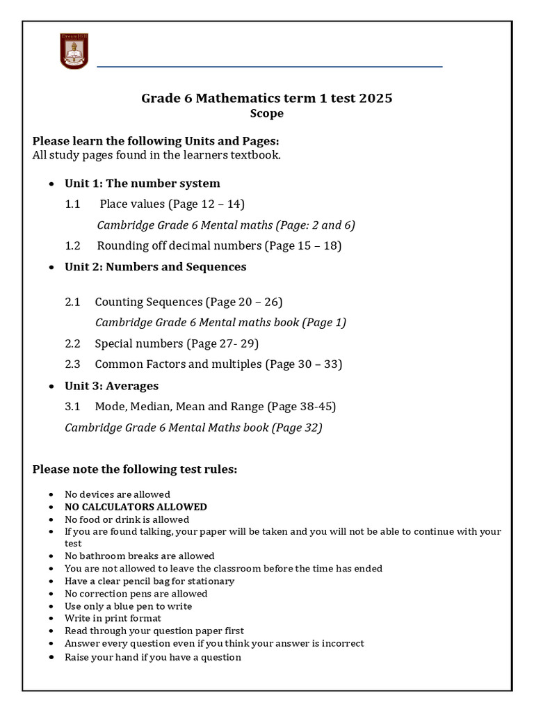 Grade 6 Math Term 1 Scope | PDF