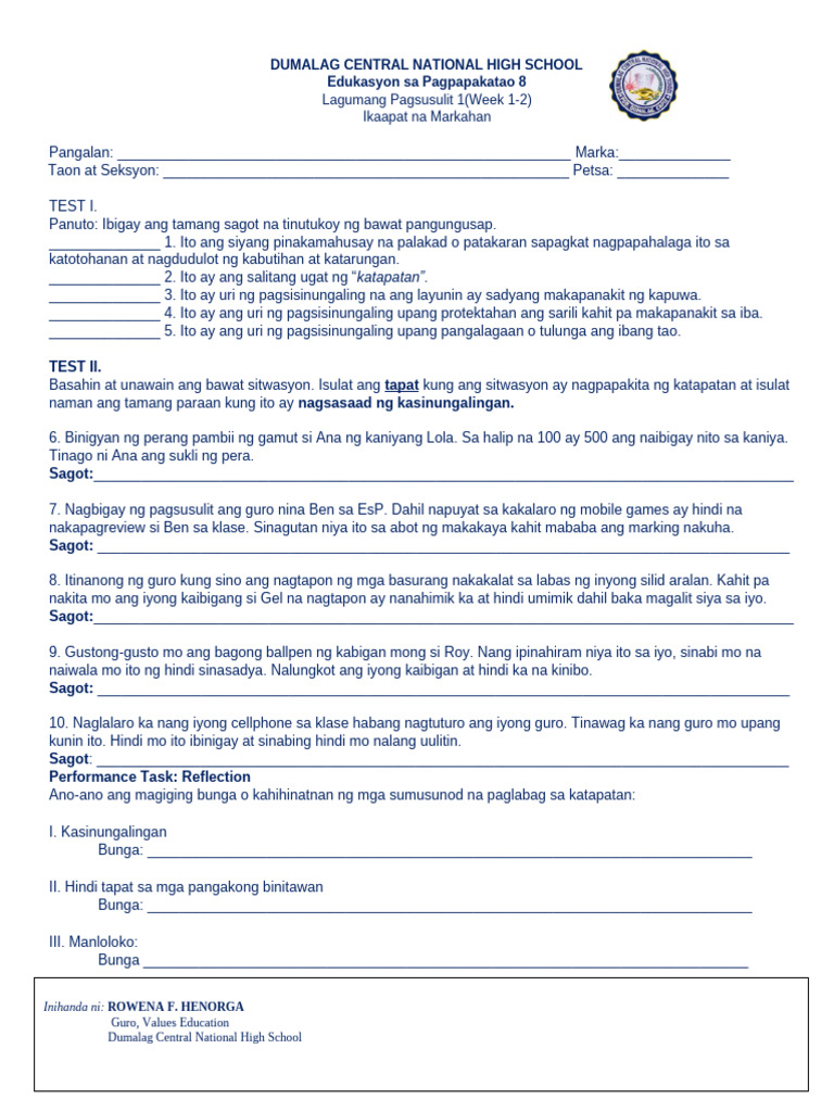 EsP 8 - 4th Grading SUM 1 | PDF