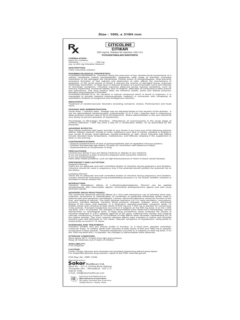 Citicoline 500mg - 2ml Inj. PIL | PDF | Intravenous Therapy | Dose (Biochemistry)
