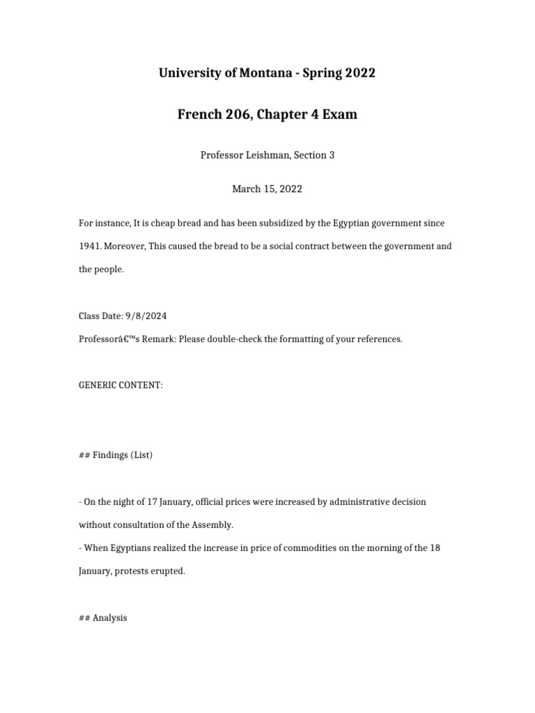 French 206 Chapter 4 Exam | PDF | Gamal Abdel Nasser | Anwar Sadat