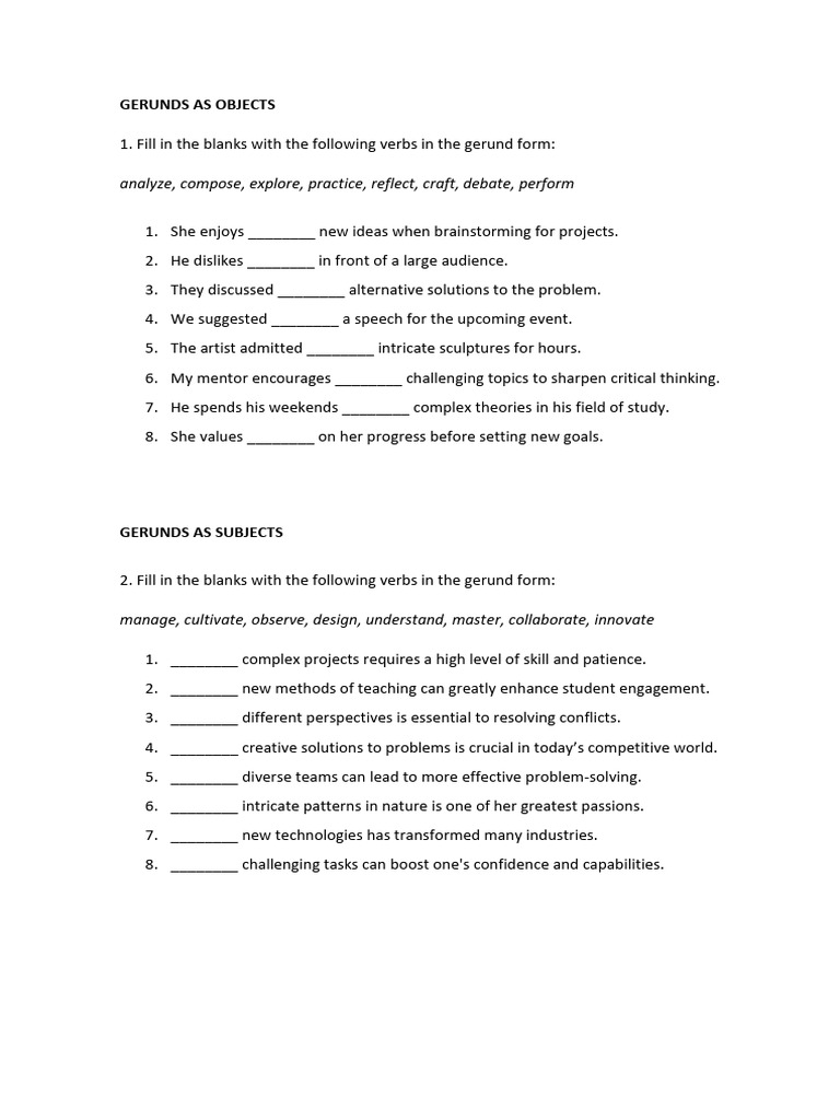 Gerunds As Subjects and Objects - Exercise | PDF | Critical Thinking | Brainstorming