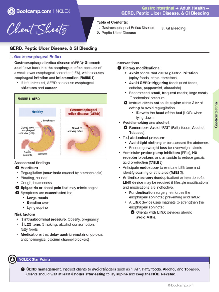GERD, Peptic Ulcer Disease, & GI Bleeding Cheat Sheet | PDF ...