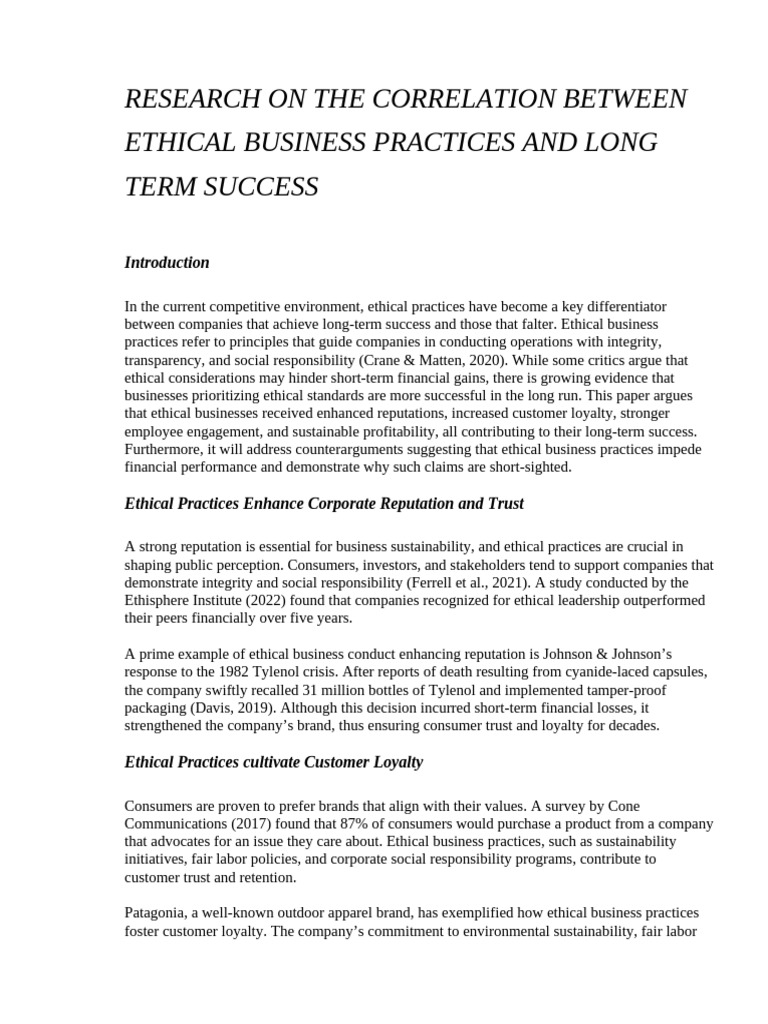 RESEARCH ON THE CORRELATION BETWEEN ETHICAL BUSINESS PRACTICES AND LONG TERM SUCCESS - Leto 12M ...