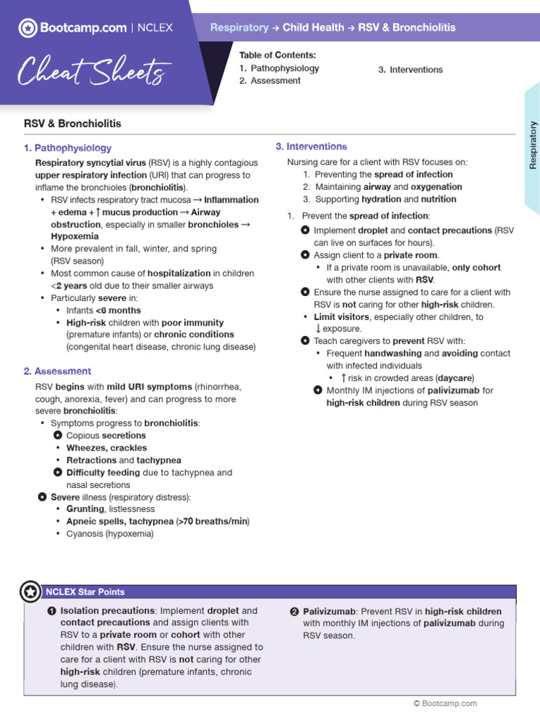RSV and Bronchiolitis Cheat Sheet | PDF | Respiratory Tract | Medical ...