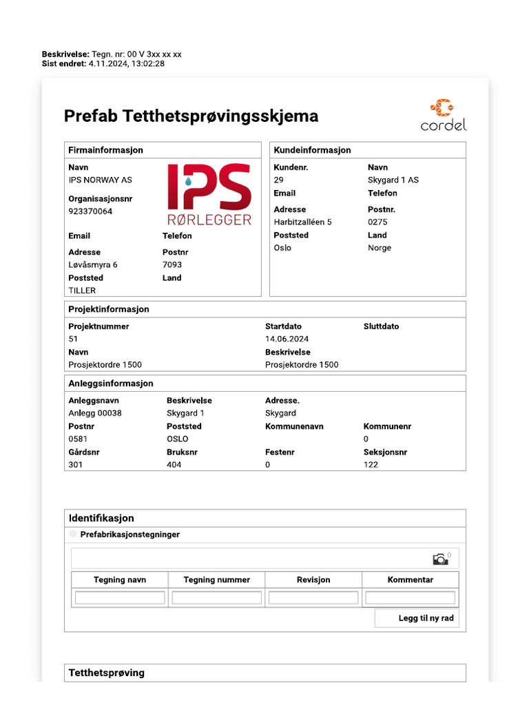Prefab Tetthetsprøvingsskjema | PDF