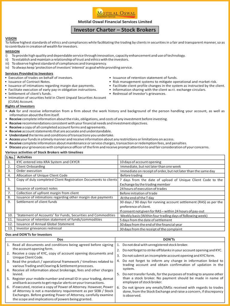 Investor Charter - Stock Broker | PDF | Stocks | Securities (Finance)