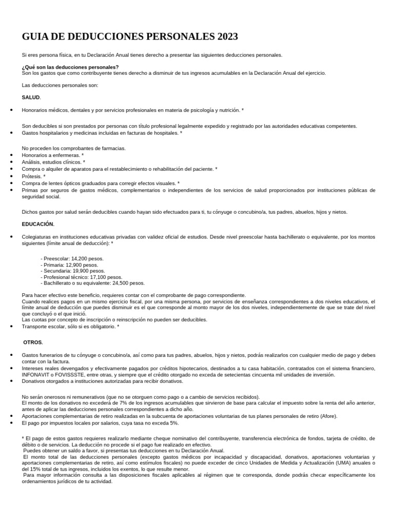 Guia de Deducciones Personales 2023 | PDF | Impuestos | Tarjeta de débito