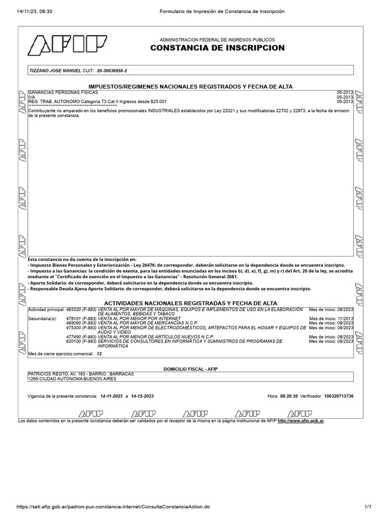 Constancia Afip | PDF