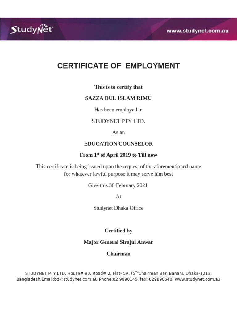 Studynet Employment Certificate | PDF