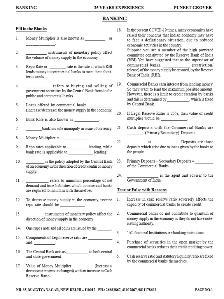 Banking 1 Marker | PDF | Banks | Reserve Bank Of India
