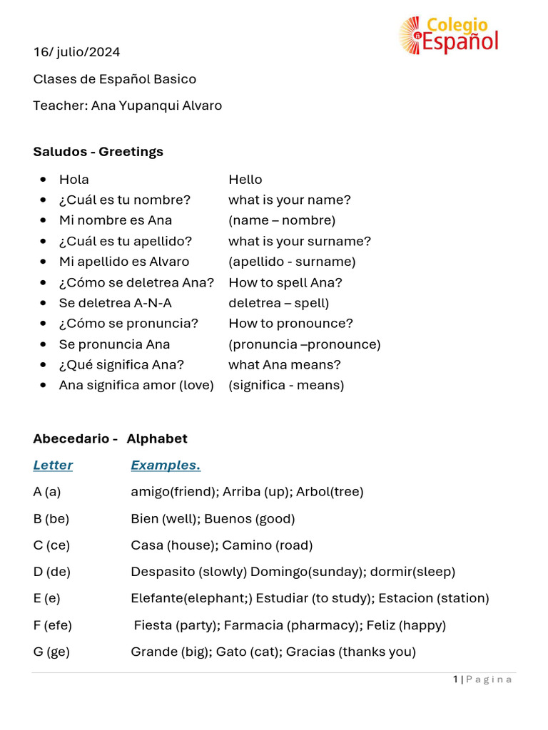 Clase Español basico | PDF