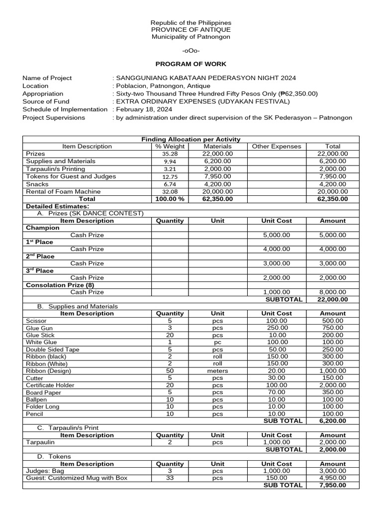 Detail Program of Work SK Night | PDF