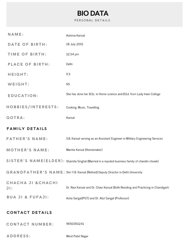 Ashima's Biodata | PDF
