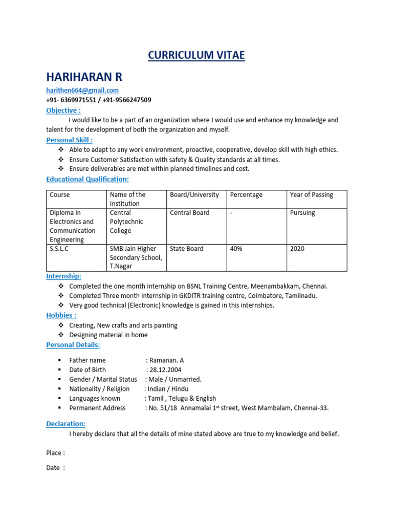 CV - Hariharan R | PDF