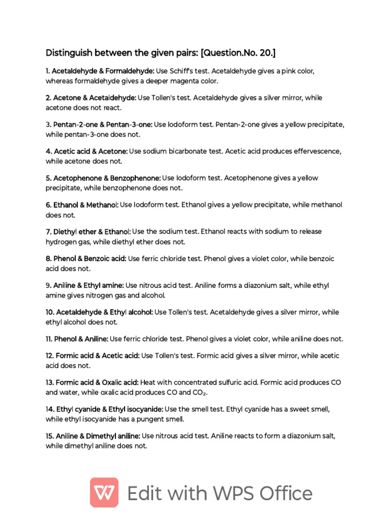 Distinguish Between The Given Pairs: (Question - No. 20.) | PDF | Acid ...