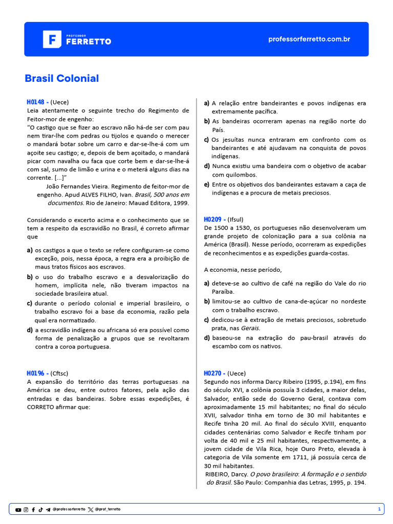 Questions Historia Do Brasil Brasil Colonial | PDF | Brasil | Escravidão