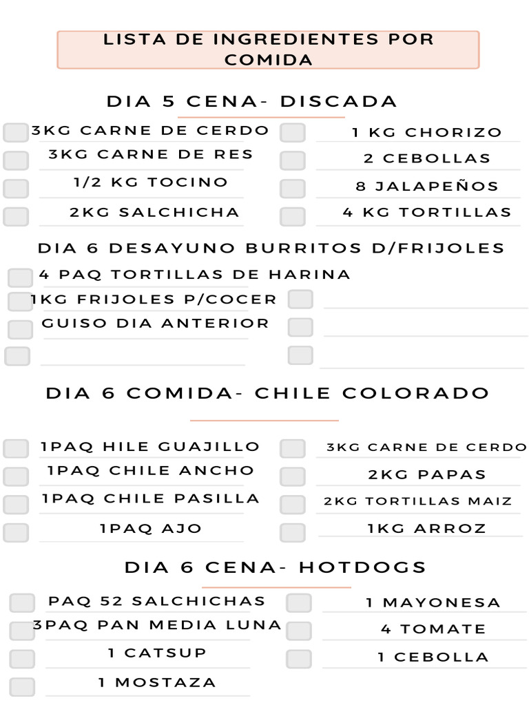 Lista de Ingredientes por Comida | PDF | Pancho | Cocina de las Americas
