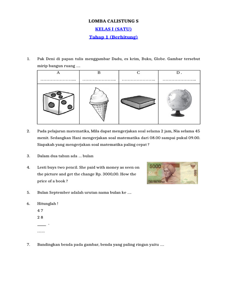 Soal Calistung Kelas 1 Tahap 1 | PDF