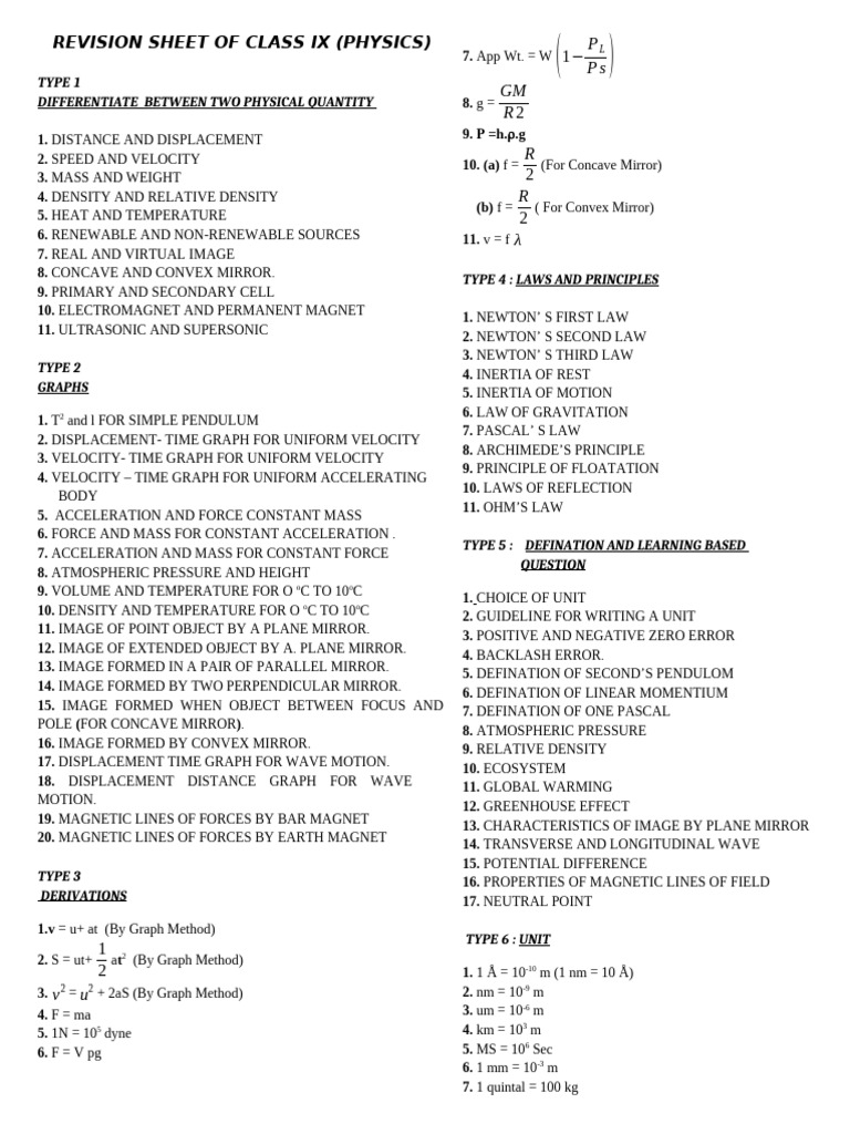 Revision Sheet of Class Ix (Physics) | PDF | Force | Mass