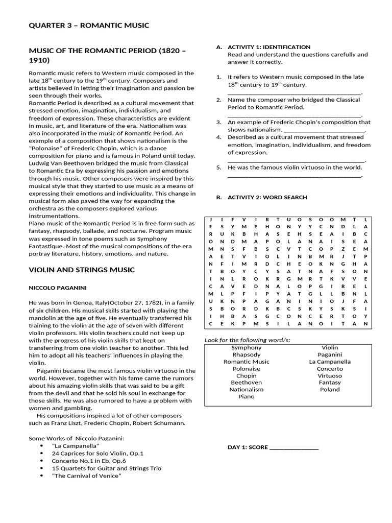 q3 Music of The Romantic Period Day1 | PDF | Frédéric Chopin | Romantic ...