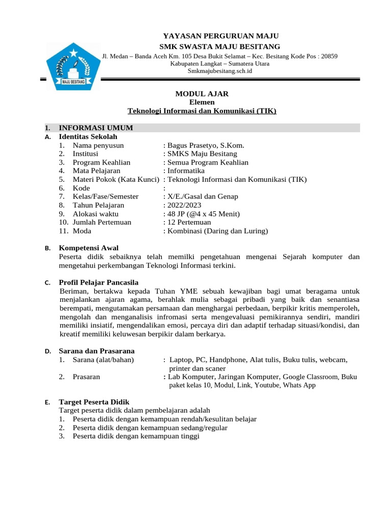 MODUL AJAR INFORMATIKA - ELEMEN TIK V2 | PDF