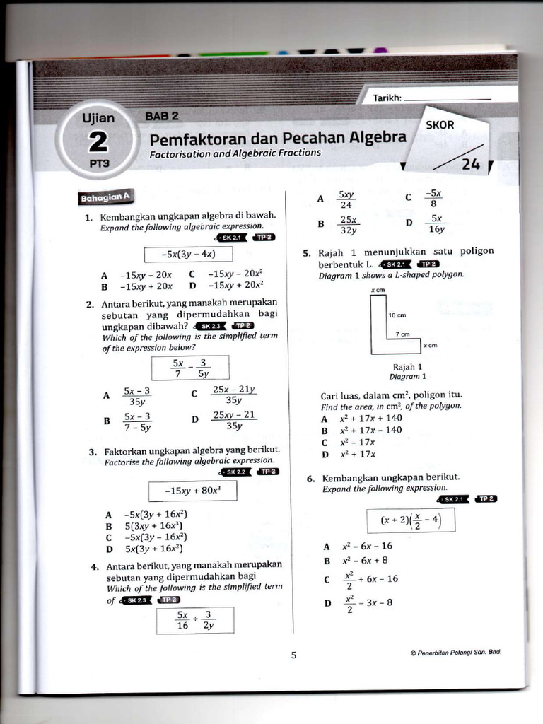 Math Form 2 Bab 2 Latihan Pemfaktoran Dan Pecahan Algebra Part 3 | PDF