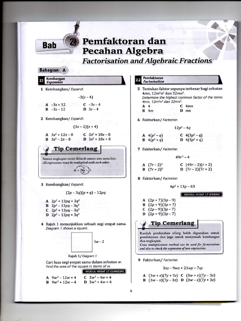 Math Form 2 Bab 2 Latihan Pemfaktoran Dan Pecahan Algebra Part 2 | PDF