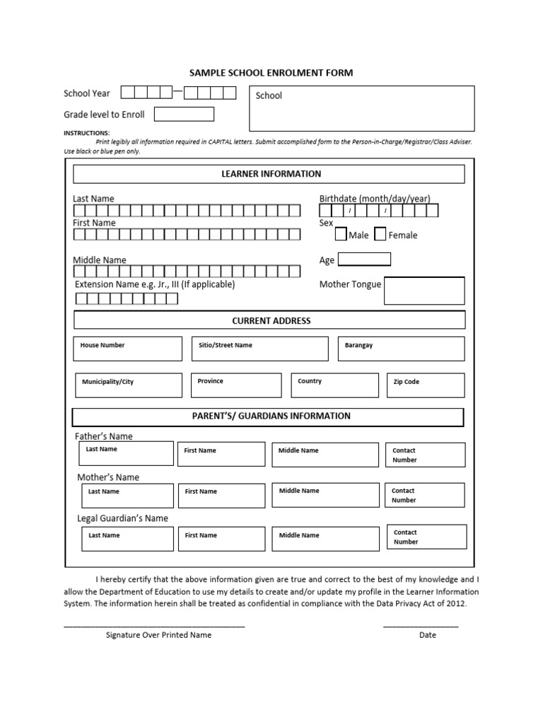 Sample School Enrollment Form | PDF