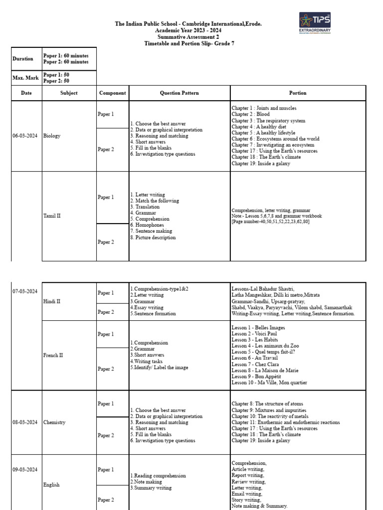 AY23-24 SA2 G7 Timetable and Portion | PDF
