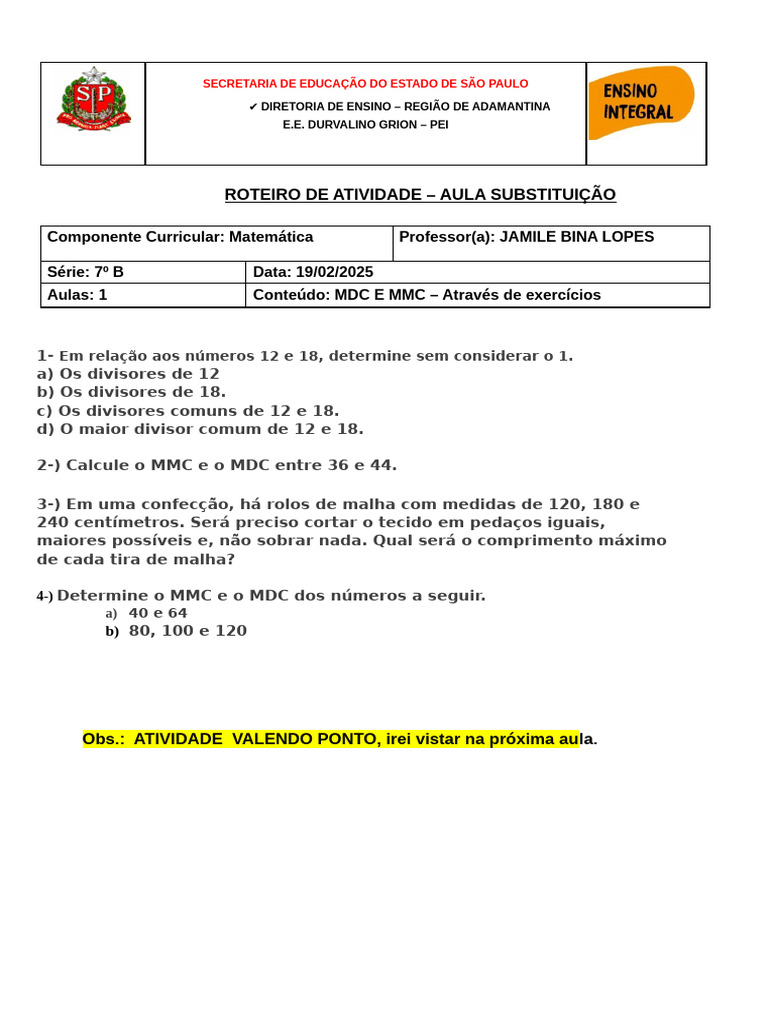 Roteiro de Aula - 19-02 7B | PDF