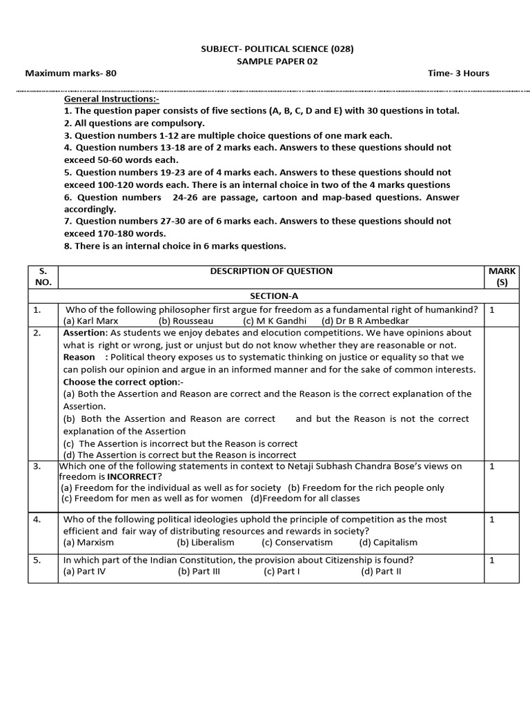 Political Science Sample Paper 02 | PDF | Reason | Constitution