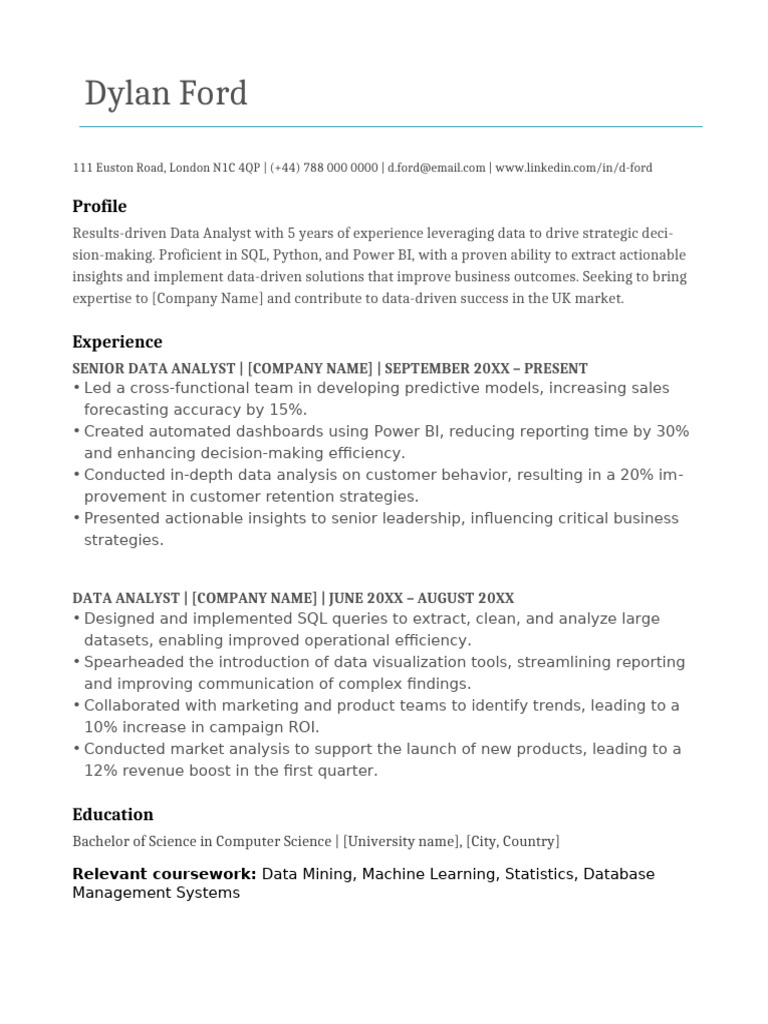 Data Analyst Resume for UK Market | PDF