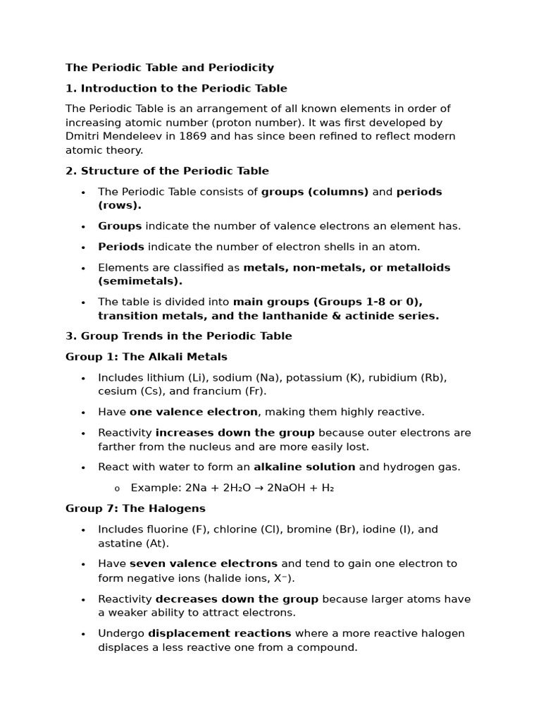 The Periodic Table and Periodicity IGCSE CHEMISTRY NOTES | PDF ...