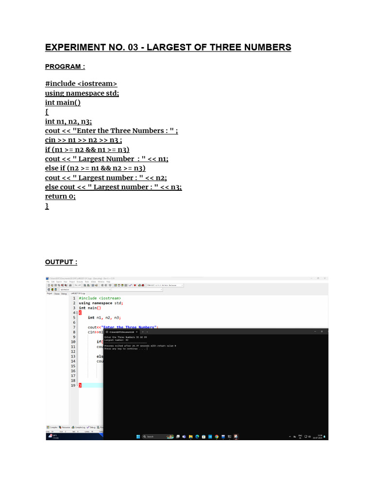 EXP NO 3 (LARGEST OF THREE NUMBERS) | PDF