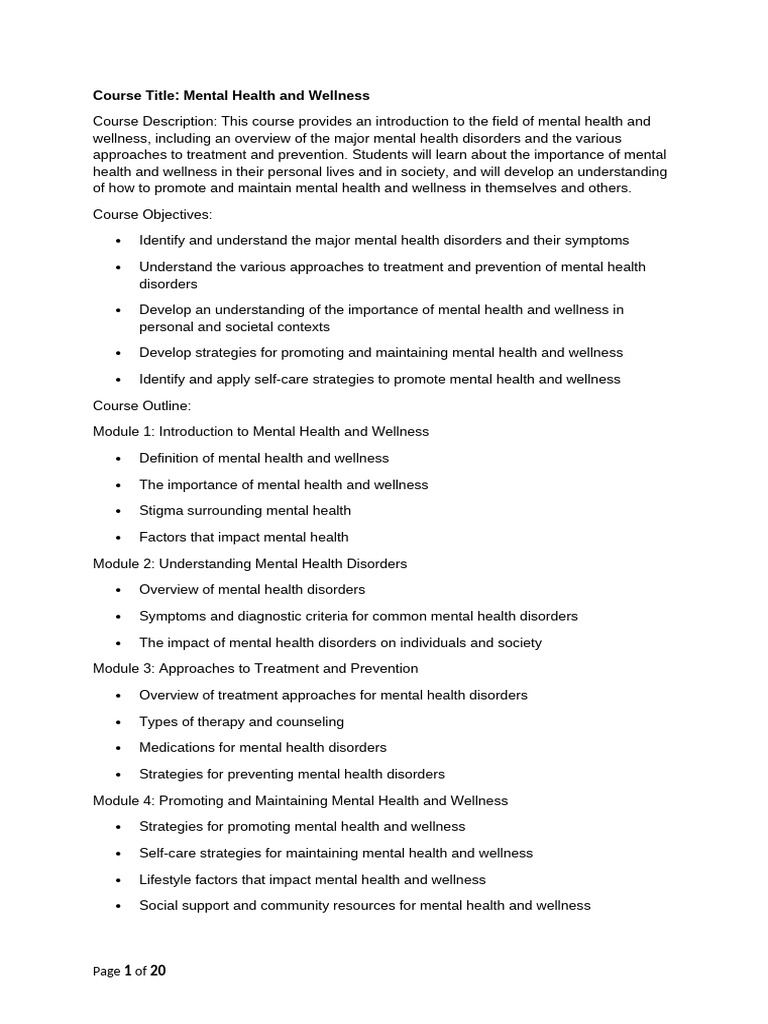 Mental Health & Wellness Course | PDF | Mental Health | Psychotherapy