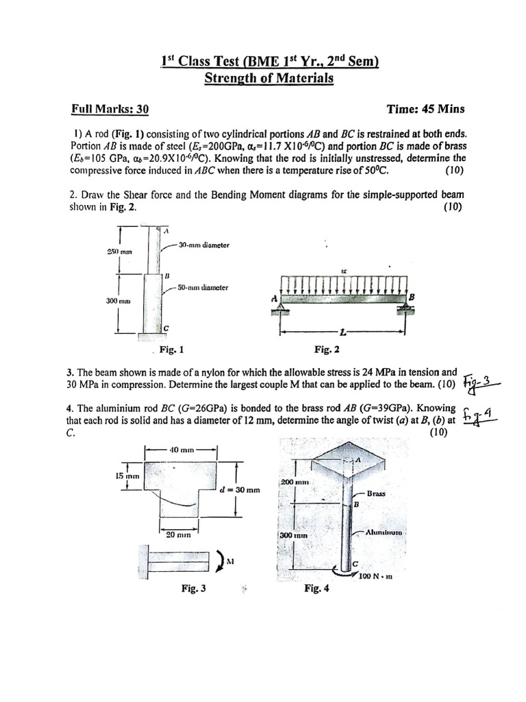 Strength of Materials Class Test Questions | PDF | Pressure | Fluid ...