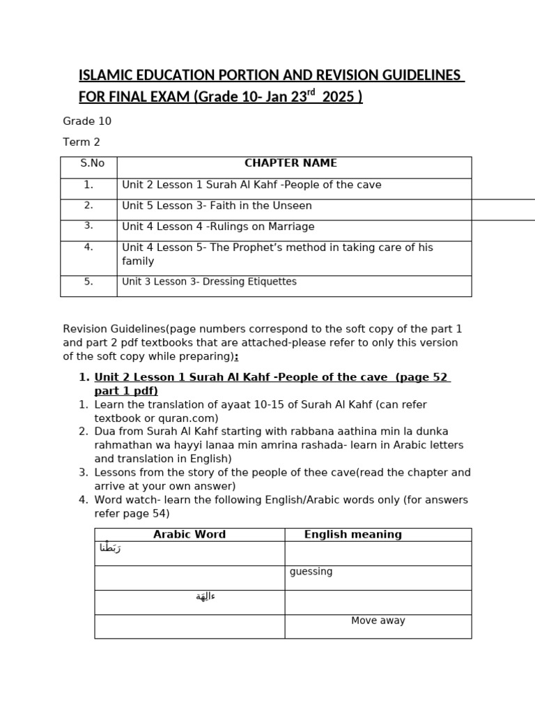 Revision Guidelines For Final Exam - Grade 10 Islamic Education | PDF ...