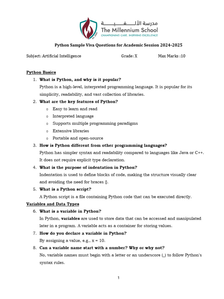 Python Sample Viva Questions for Academic Session 2024-2025 | PDF | Python (Programming Language ...