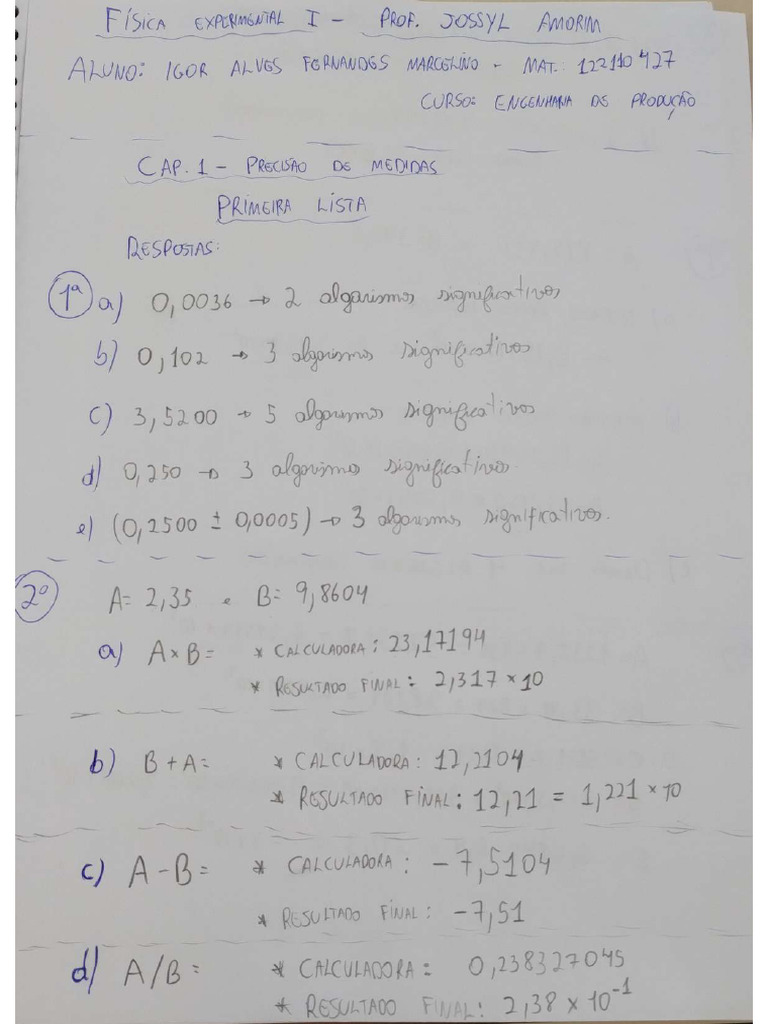Lista 1 - Fisica Exp 1 - Igor Alves Fernandes Marcelino | PDF