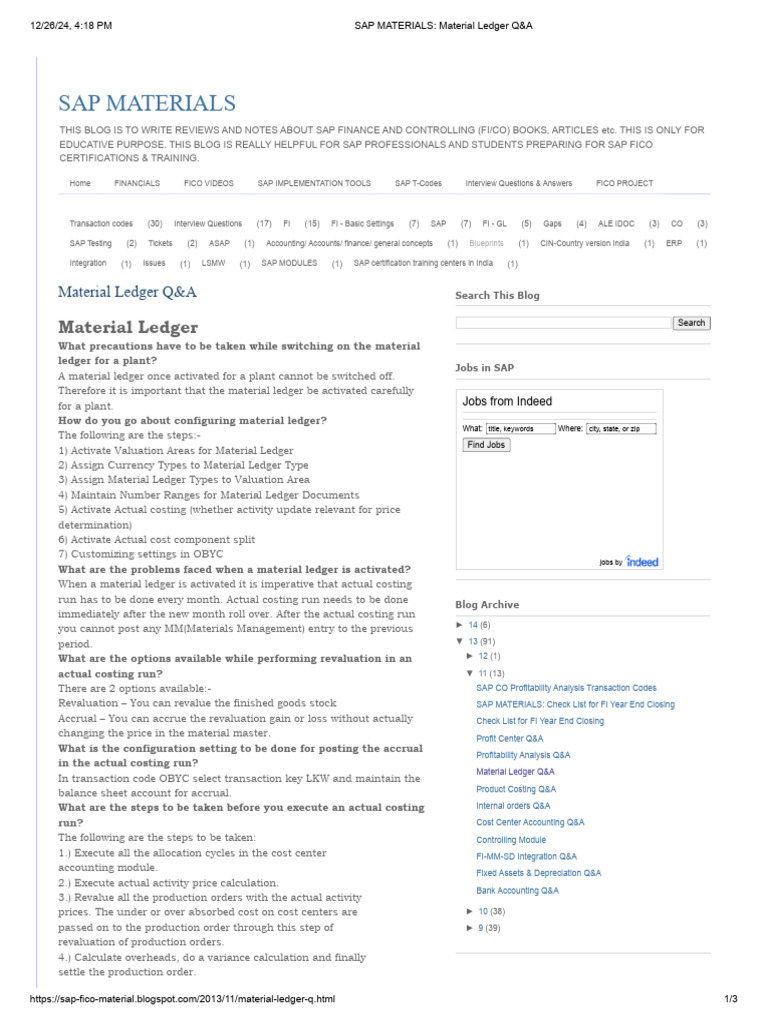 SAP MATERIALS - Material Ledger Q&A | PDF | Valuation (Finance) | Depreciation